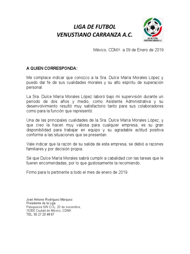 LIGA DE FUTBOL Carta de Recomendacion | PDF