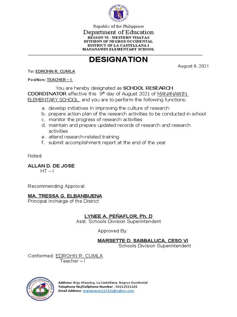 School Research Coordinator Designation Buyon | PDF
