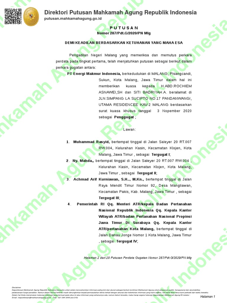 Putusan 287 PDT.G 2020 PN MLG 20210225 | PDF