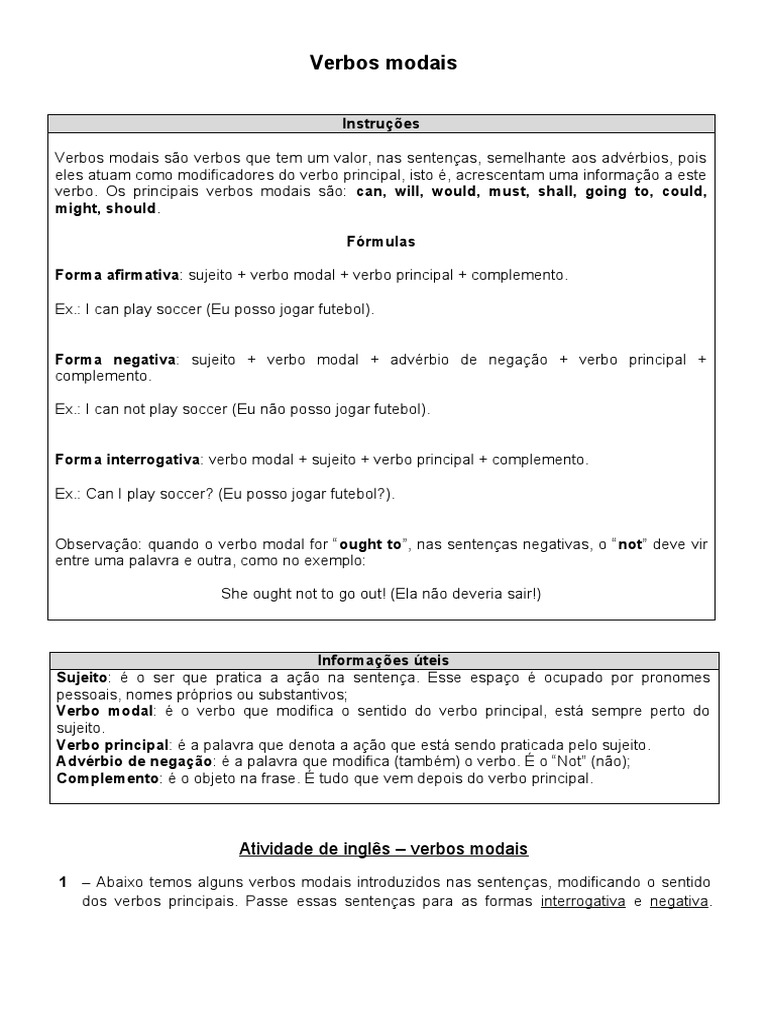 Verbos Modais - Atividade - Nono Ano | PDF | Assunto (gramática) | Pronome