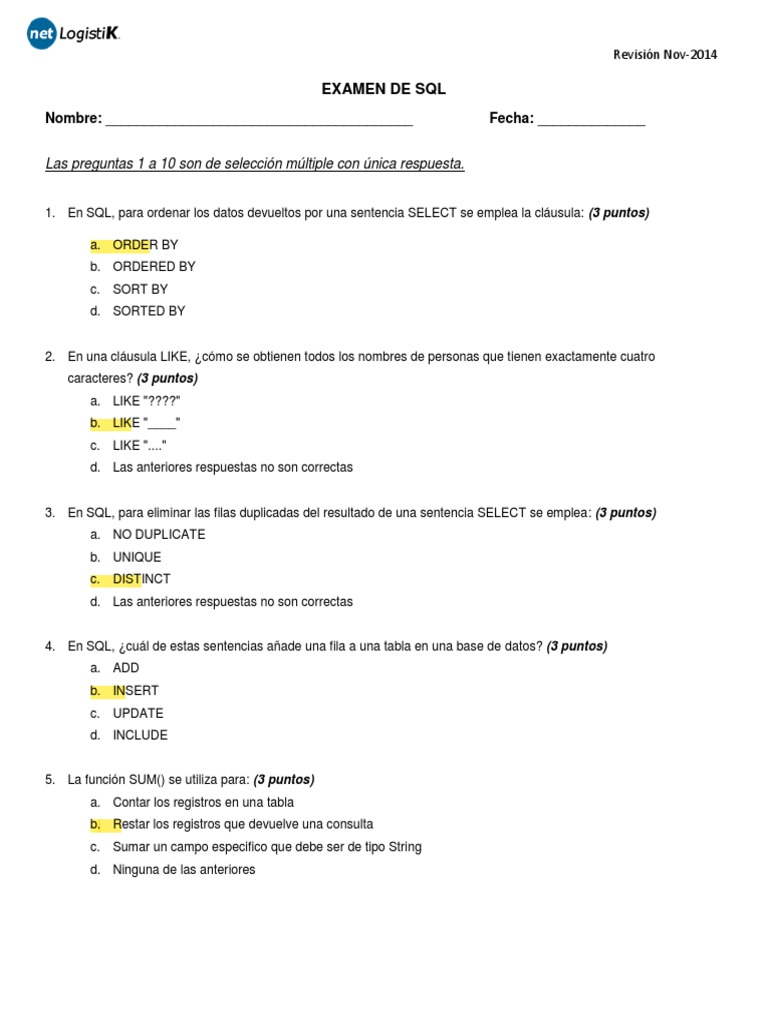 Examen SQL 2014 | PDF | SQL | Desarrollo de software