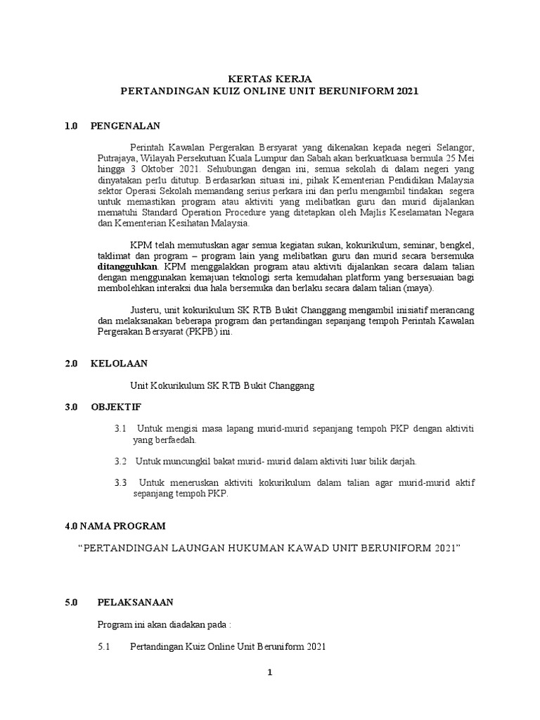 Kertas Kerja Program Aktiviti Kokurikulum Sepanjang PKPB (TKRS) | PDF