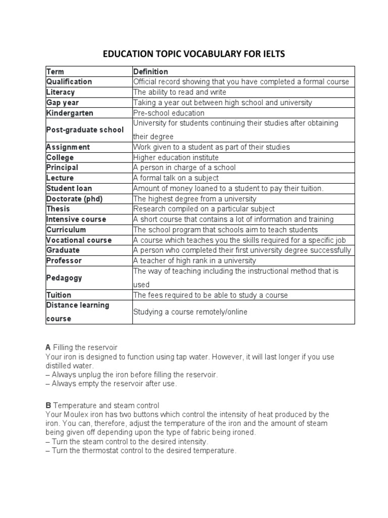 Education Topic Vocabulary For Ielts | PDF | Schools | University