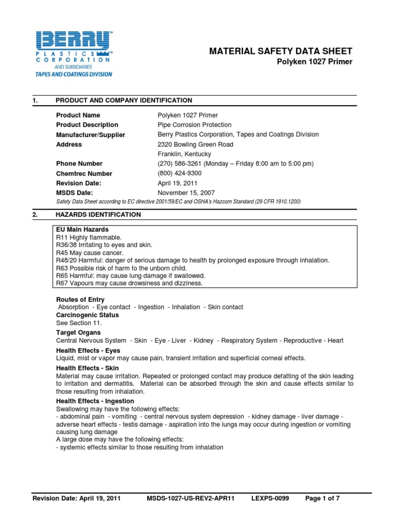 MSDS Polyken 1027 Primer | PDF | Toxicity | Combustion