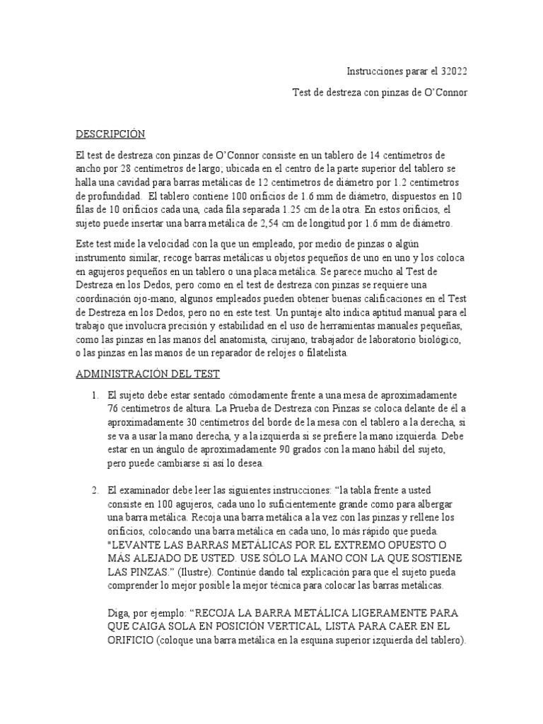 Test de Destreza Con Pinzas de O'Connor | PDF