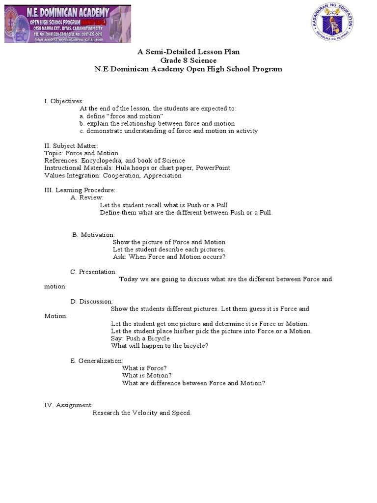 A Semi-Detailed Lesson Plan Grade 8 Science N.E Dominican Academy Open ...