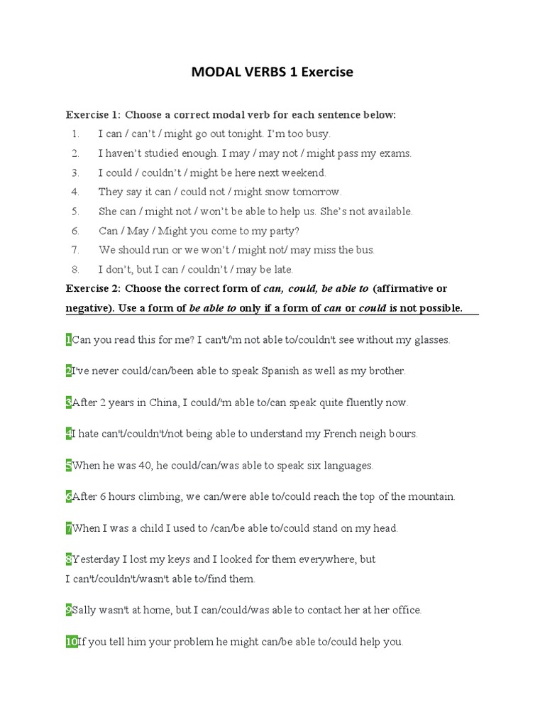 MODAL VERBS 1 Exercise | PDF | Verb