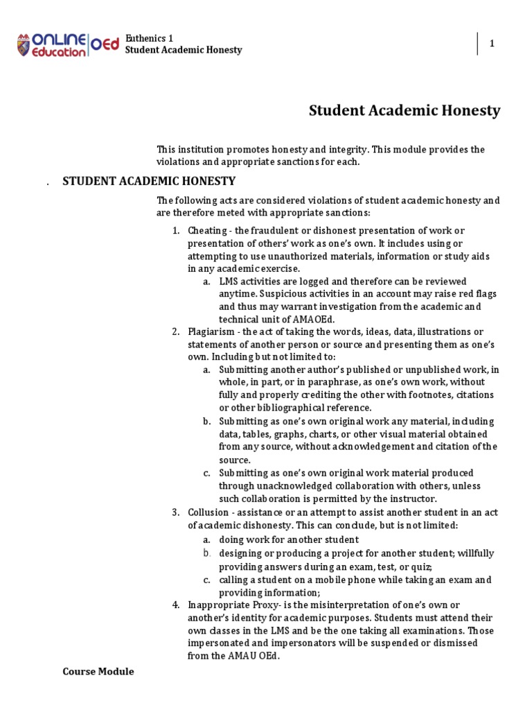 Week 11 - Lesson 8 - Student Academic Honesty | PDF | Academic ...