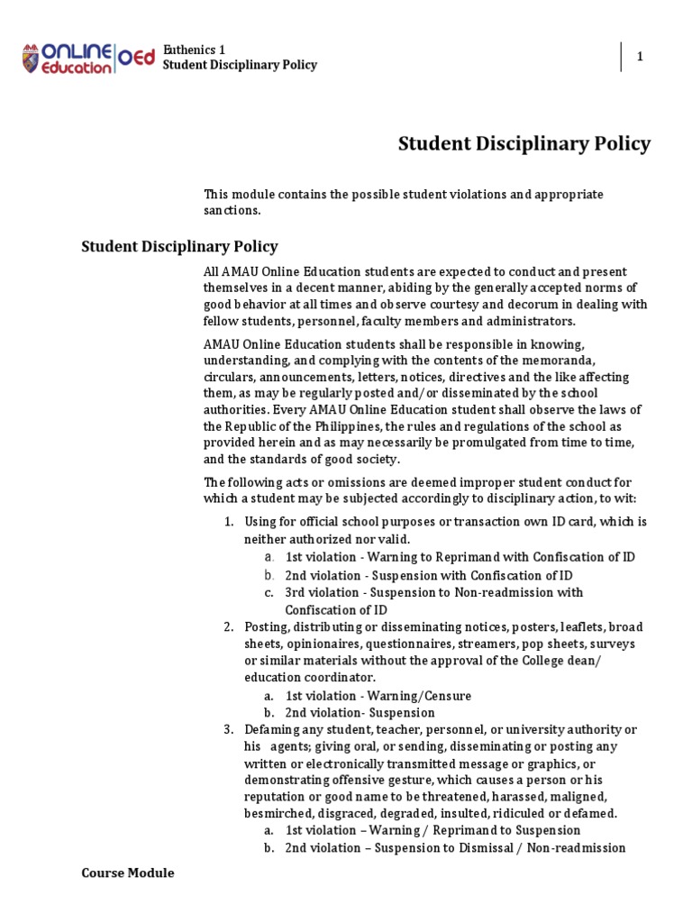 Week 11 - Lesson 9 - Student Disciplinary Policy | PDF | Credential ...