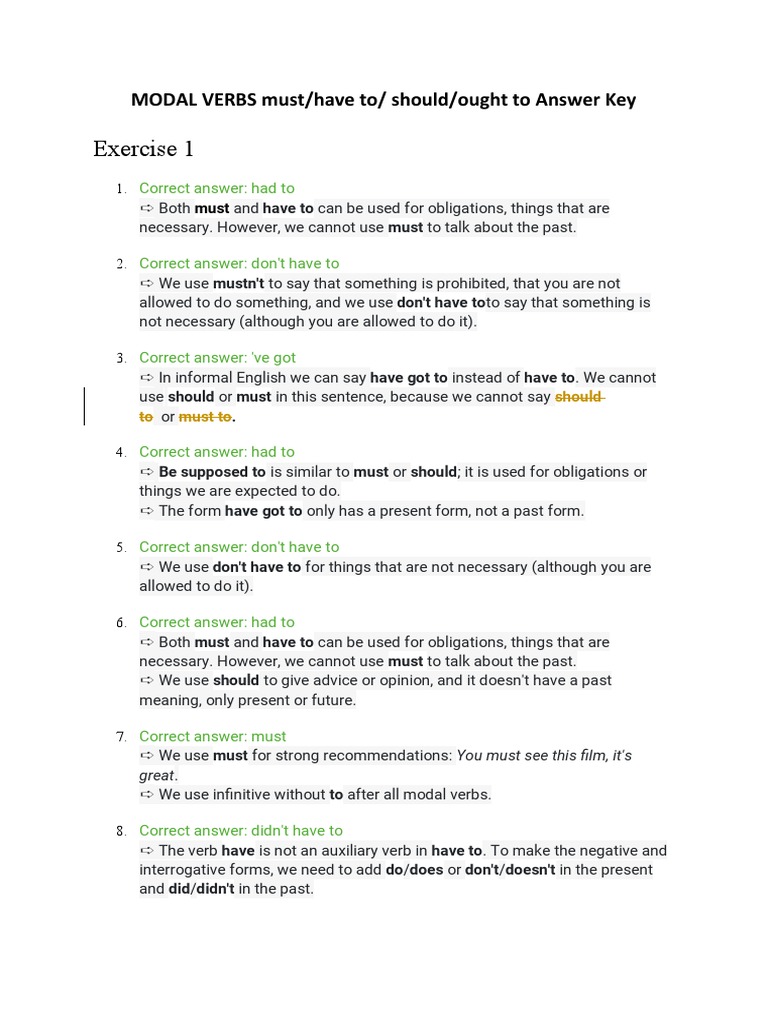 MODAL VERBS Must:have To:should:ought To Answer Key | PDF | Linguistics | Grammar