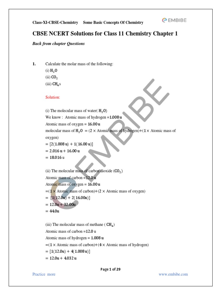 CBSE NCERT Solutions For Class 11 Chemistry Chapter 1: Back From ...