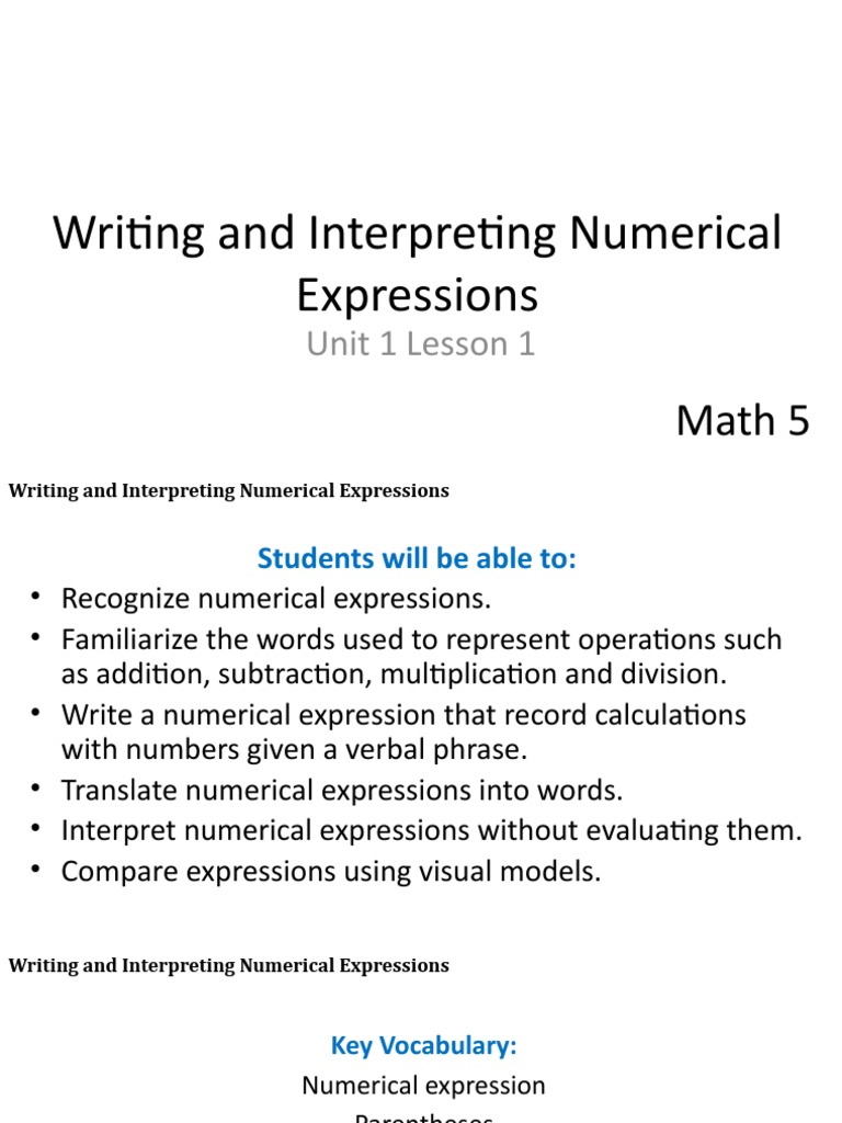 Writing and Interpreting Numerical Expressions: Math 5 | PDF ...