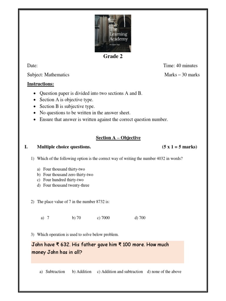 Baseline Test Grade 2 | PDF | Multiple Choice | Mathematics