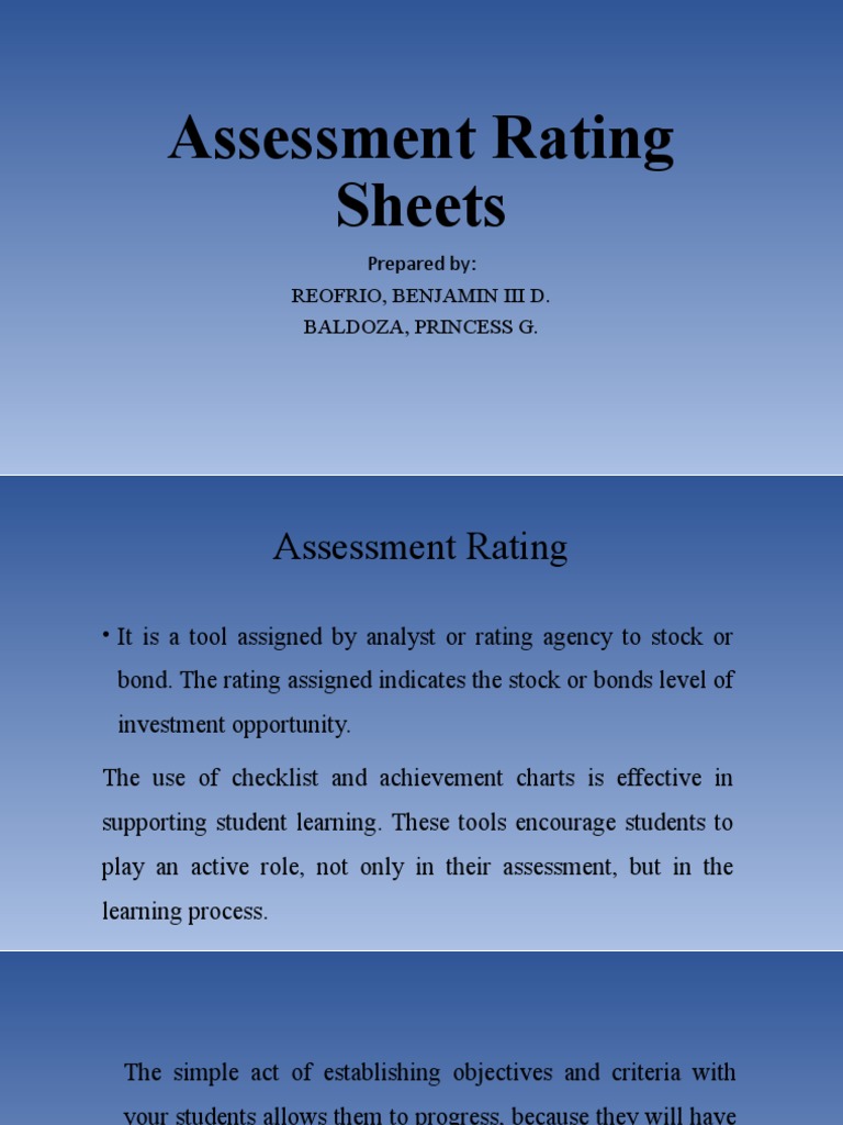 Assessment Rating Sheets: Prepared By: Reofrio, Benjamin Iii D. Baldoza ...