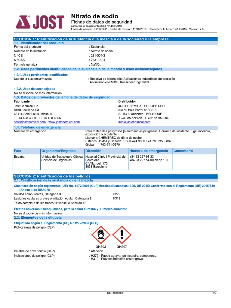 Ficha de Seguridad de Nitrato de Sodio. | PDF | Agua | Residuos