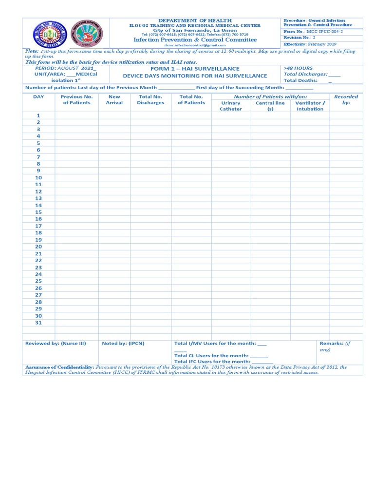 Form 1 - Hai Surveillance: Infection Prevention & Control Committee ...
