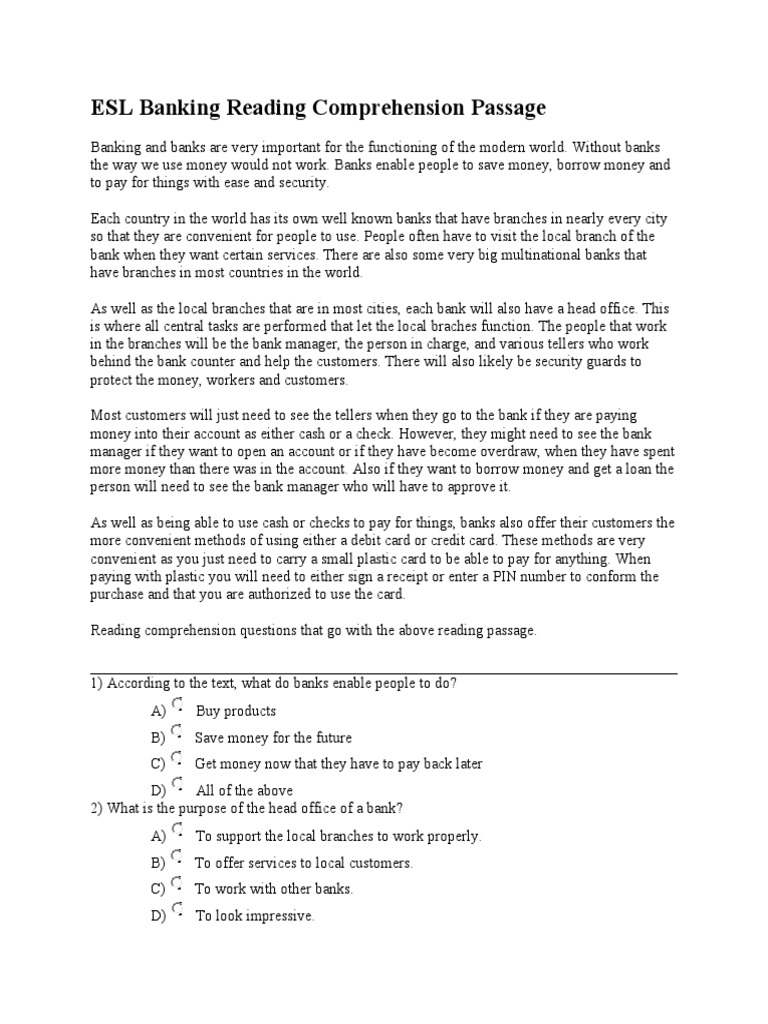 ESL Banking Reading Comprehension Passage | PDF | Banks | Money
