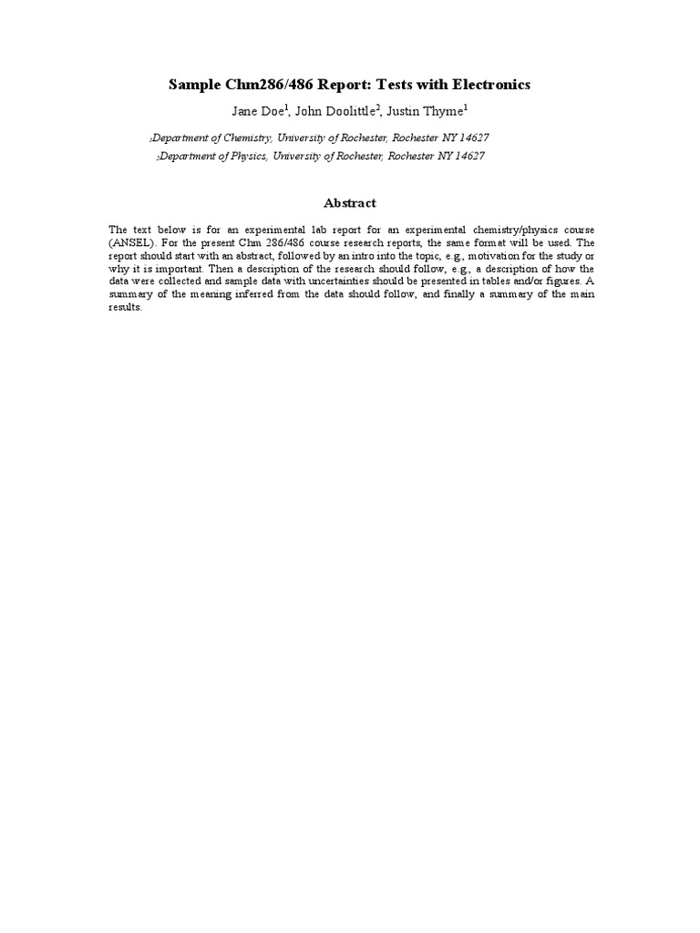 Sample Chm286/486 Report: Tests With Electronics: Jane Doe, John ...