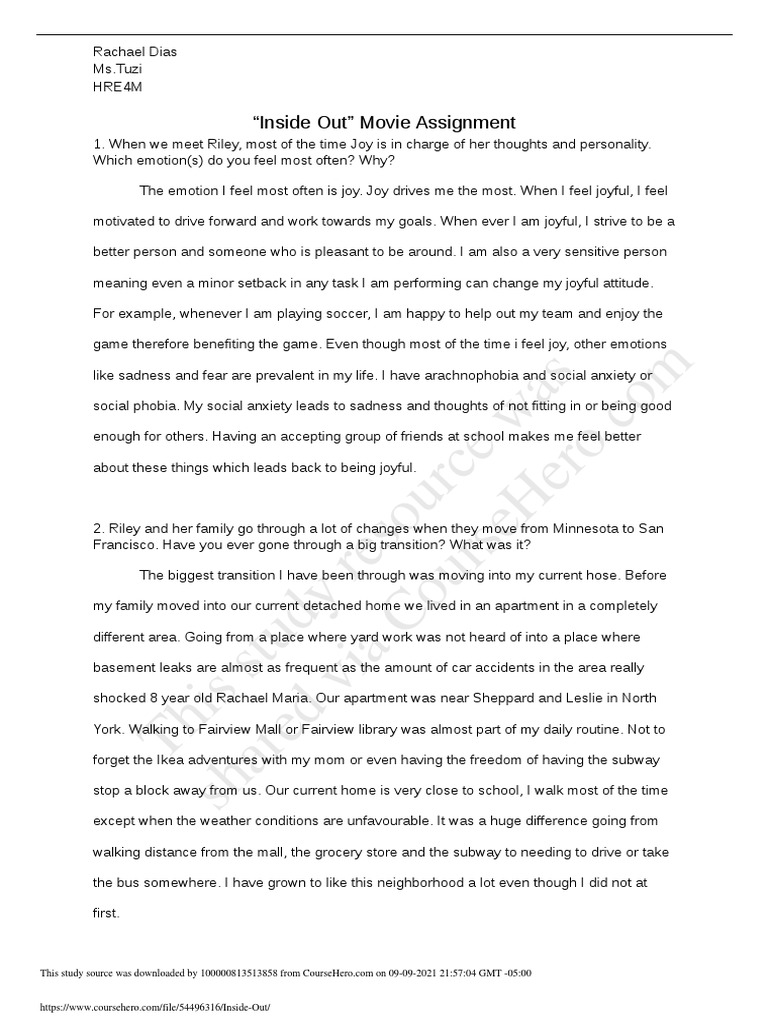 This Study Resource Was: "Inside Out" Movie Assignment | PDF | Emotions ...