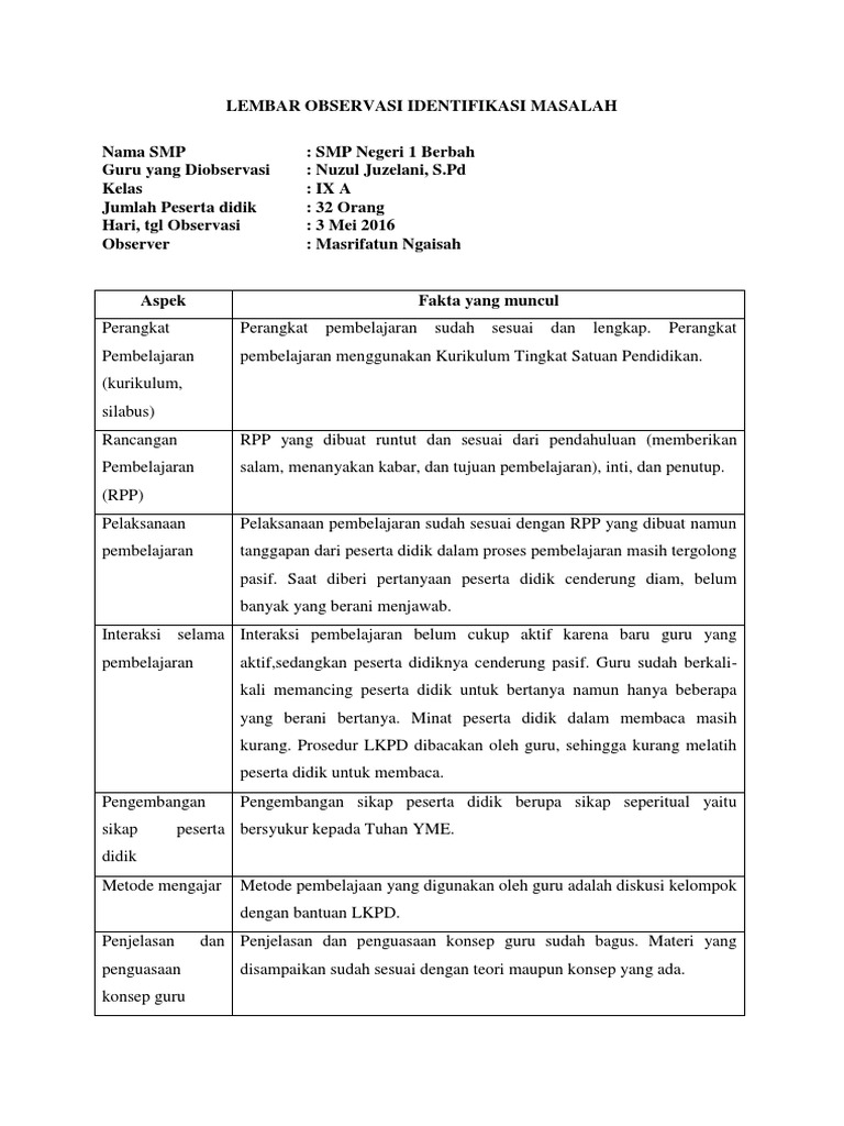 Lembar Observasi Identifikasi Masalah | PDF