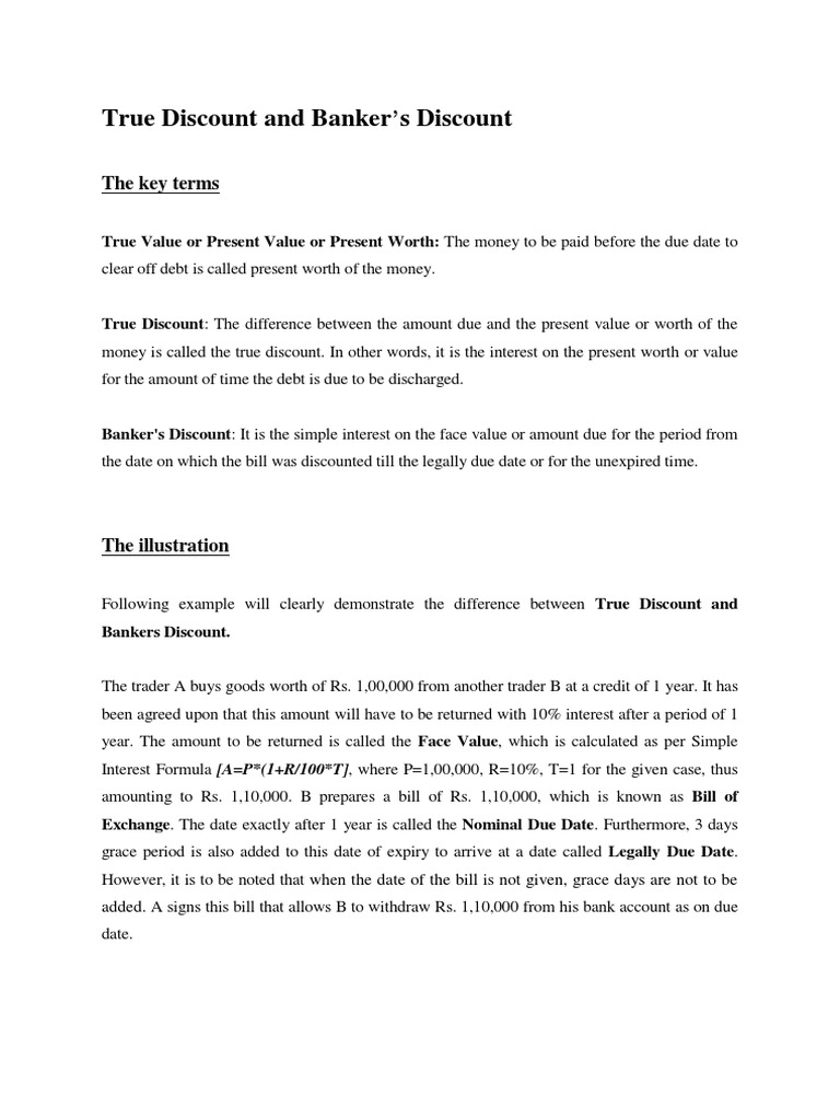 True Discount and Banker's Discount: The Key Terms | PDF | Present ...