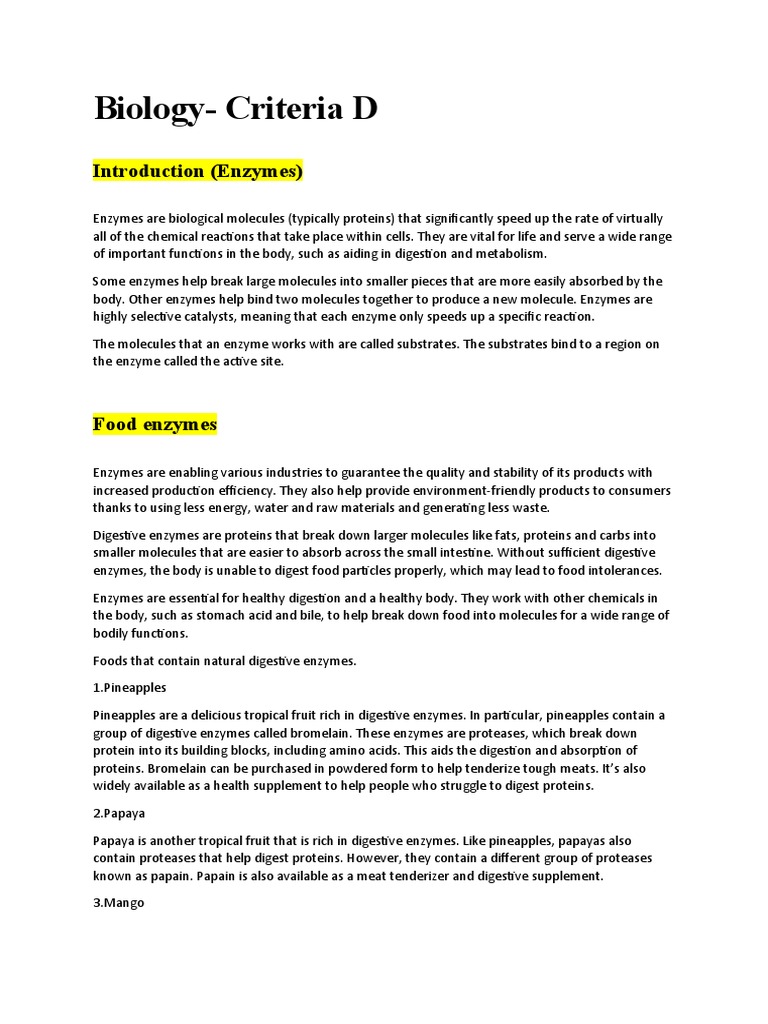 Biology-Criteria D: Introduction (Enzymes) | PDF | Digestion | Enzyme