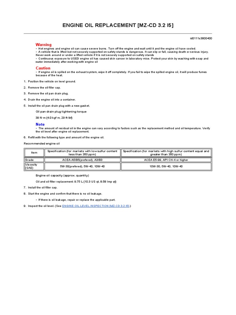 Engine Oil Replacement Procedure and Safety Guidelines for a MZ-CD 3.2 ...
