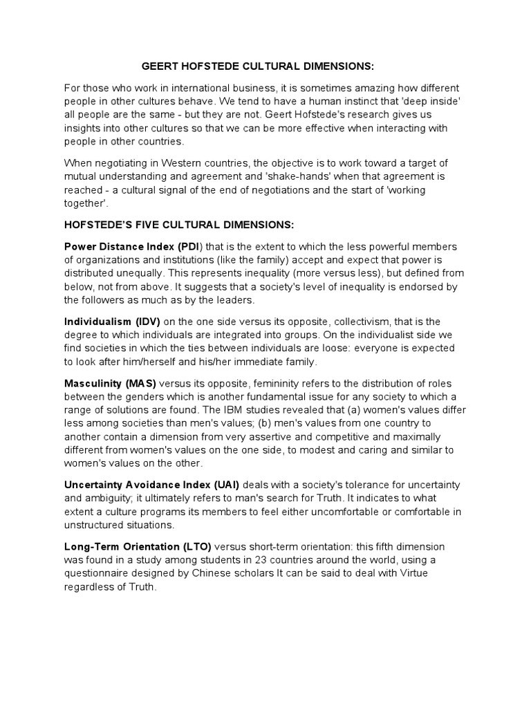 Geert Hofstede Cultural Dimensions | PDF | Psychological Concepts ...