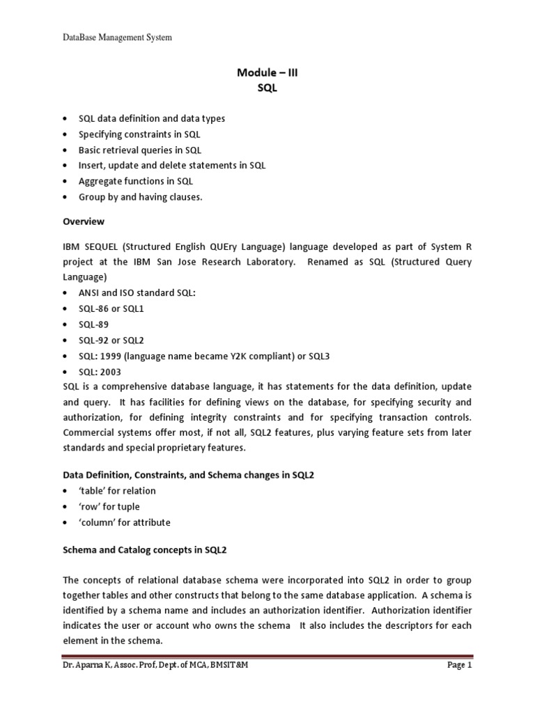 Dbms Module 3 Notes Sql Pdf Relational Database Sql