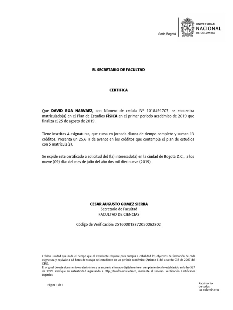 Certificado de Matricula | PDF
