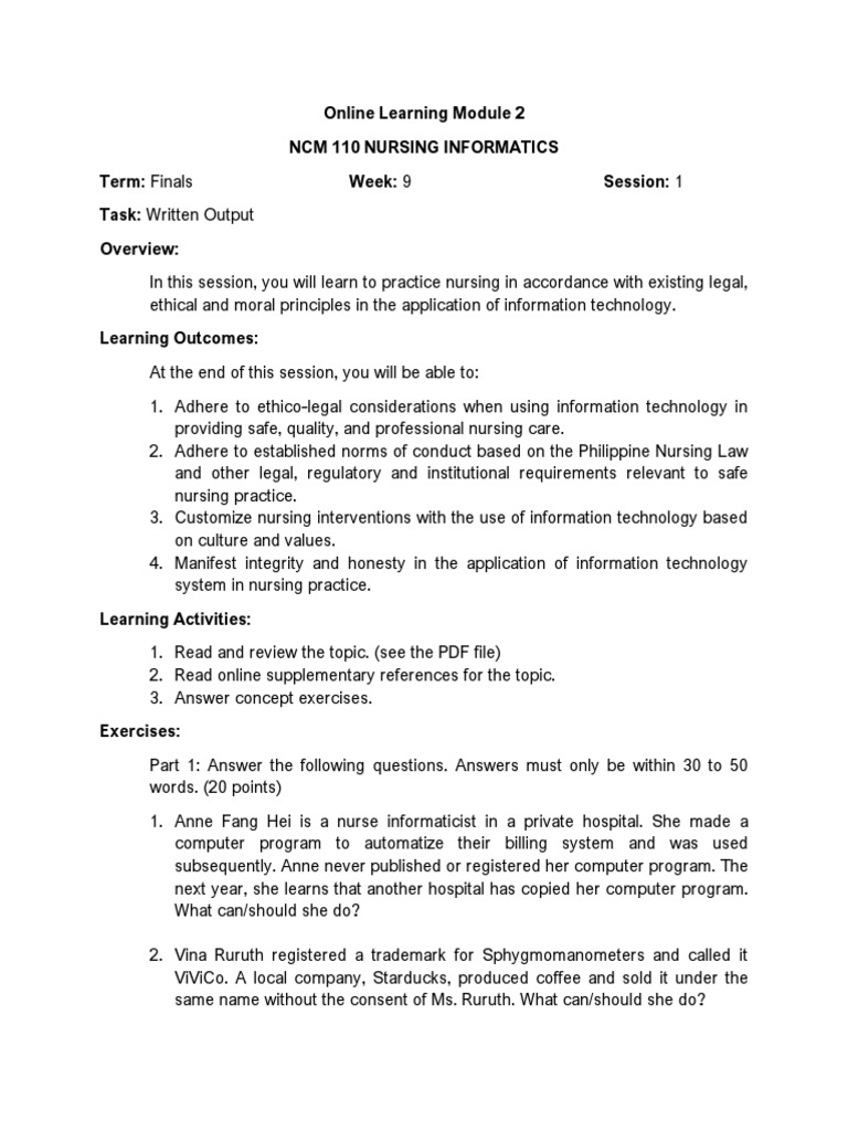 Online Learning Module 2 NCM 110 Nursing Informatics Term: Finals Week: 9 Task: Written Output ...