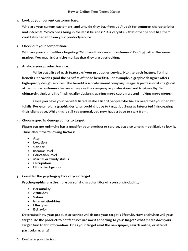 Defining Your Target Market Handout | PDF | Customer | Target Audience