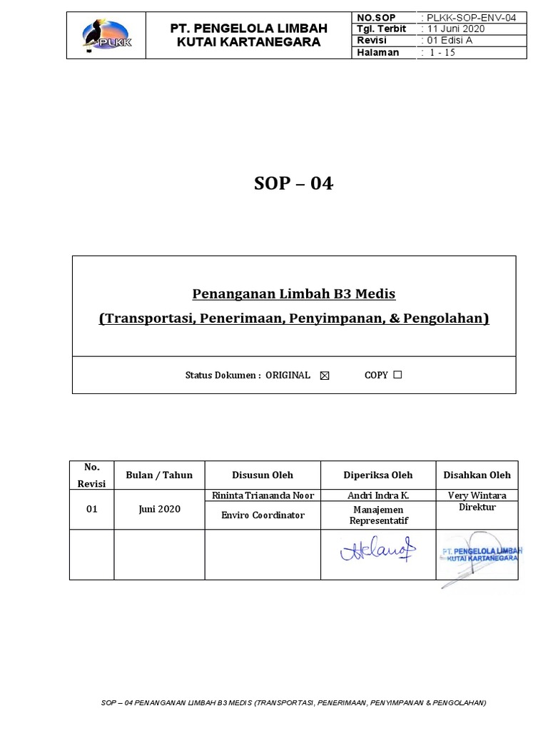 SOP - 04 Penanganan Limbah B3 Medis (Transportasi, Penerimaan, Penyimpanan & Pengolahan) | PDF