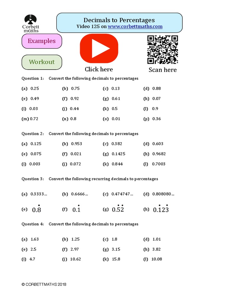Decimals To Percentages Worksheet | PDF | Notation | Arithmetic