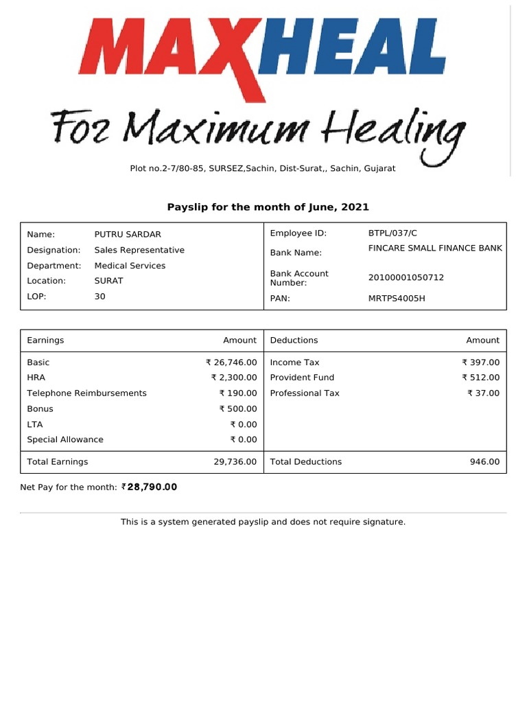 Maxheal Laboratories: Payslip For The Month of June, 2021 | PDF ...