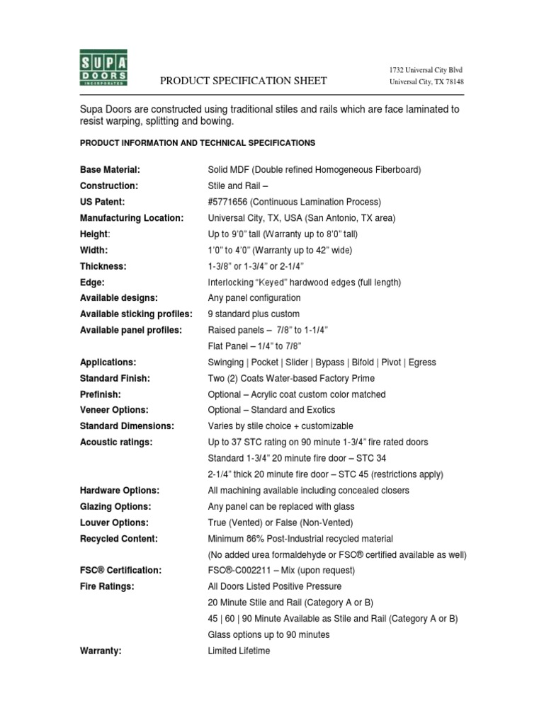 Supa Doors Spec Overview | PDF | Door | Building Materials