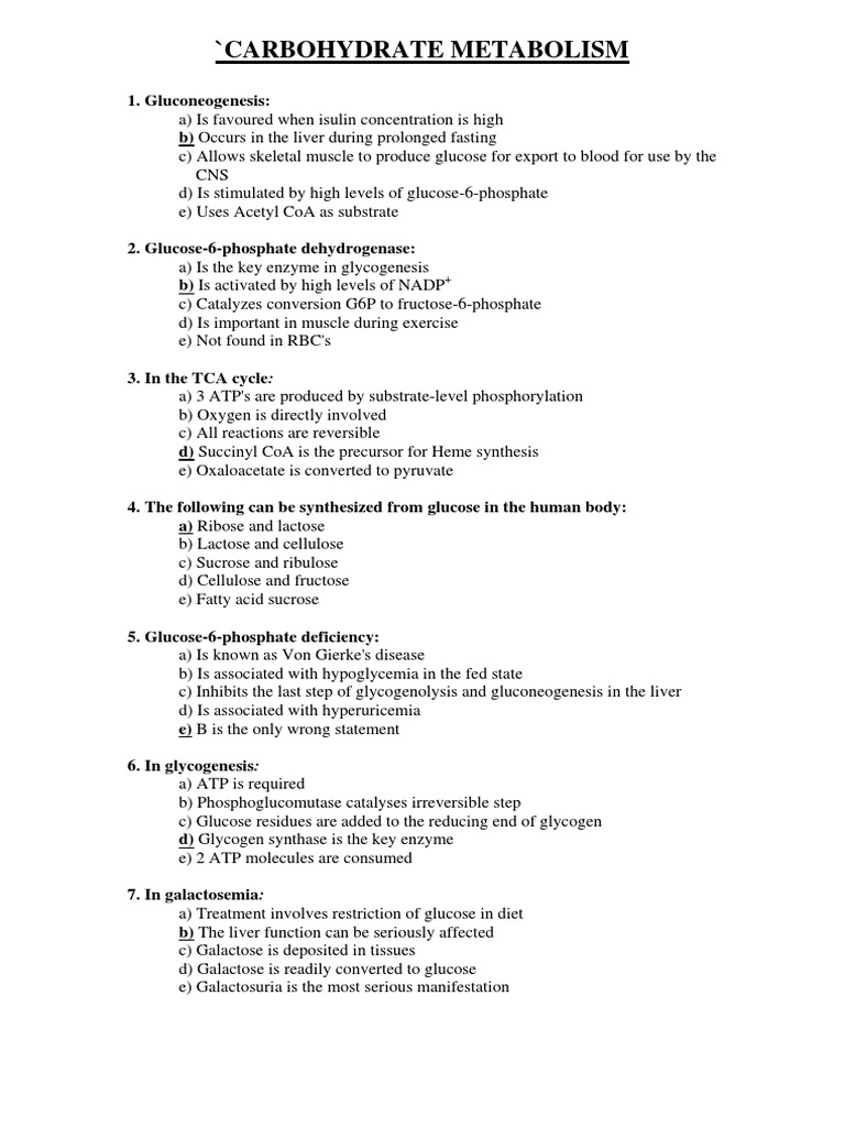 6 - Biochemistry MCQs Carbohydrates Metabolism | PDF | Glycolysis ...
