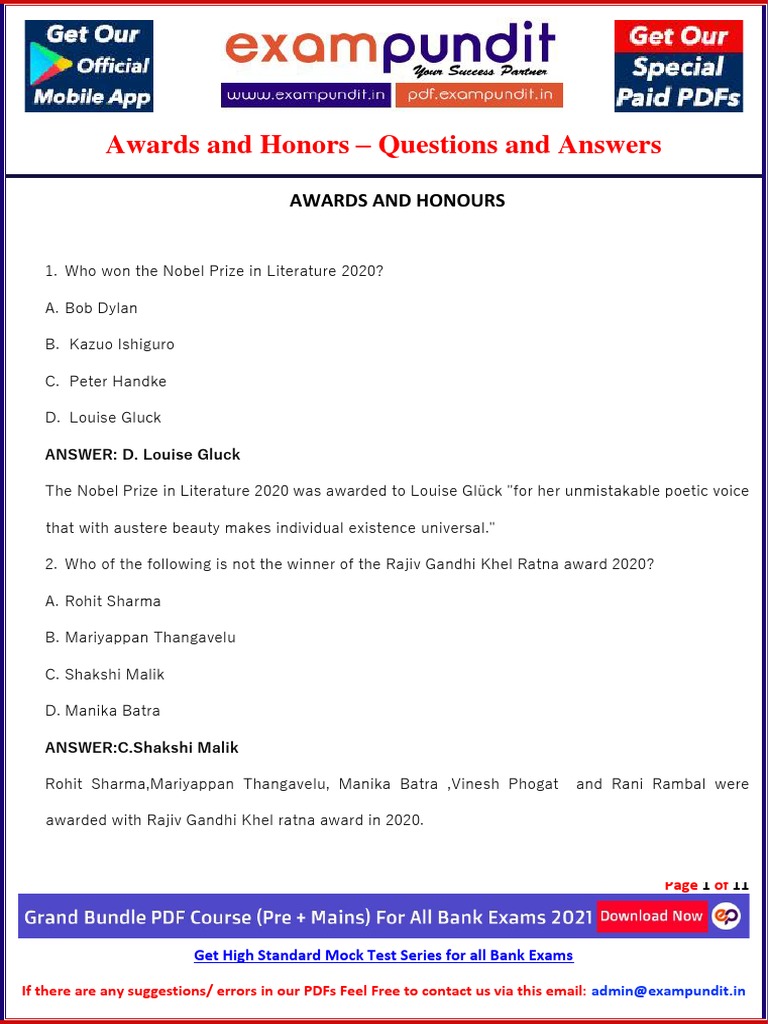 Awards and Honors Questions and Answers PDF | PDF