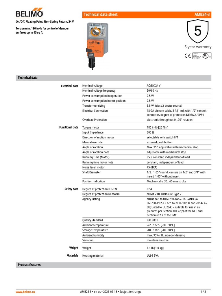 Technical Data Sheet AMB24-3 | PDF | Electric Motor | Switch