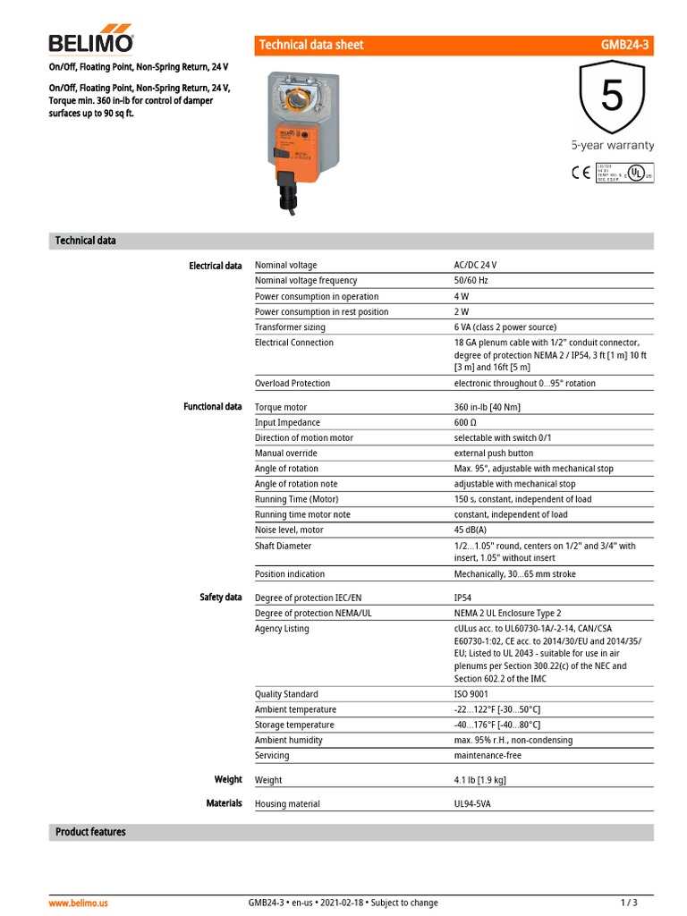 Belimo GMB24-3 Actuator Data Sheet | PDF | Electric Motor | Switch