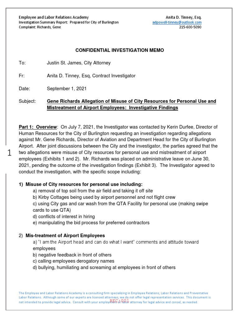 Investigative Memo Richards 9-1-21 - Redacted | PDF | Employment ...