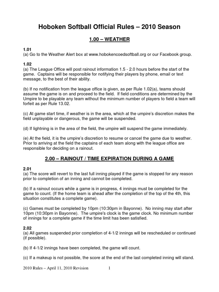 Hoboken Softball Official Rules | PDF | Baseball Field | Pitcher