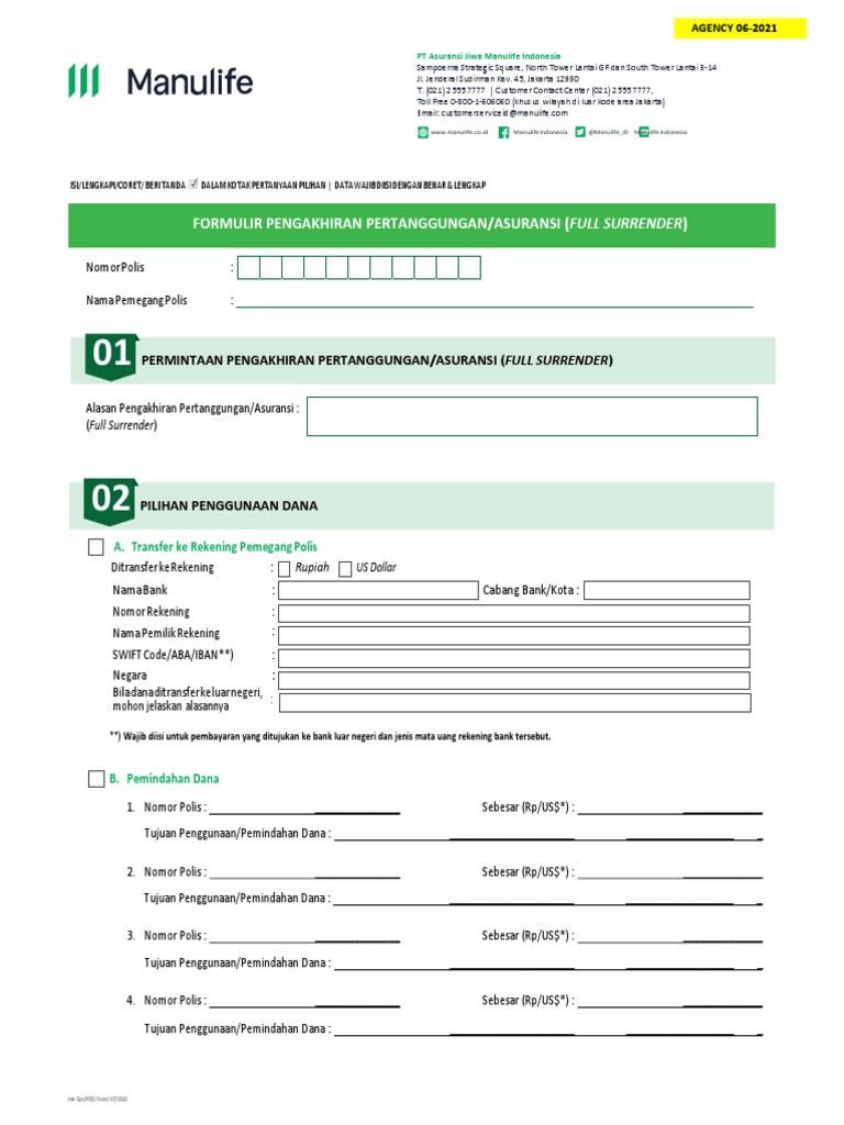 Formulir Pengakhiran Polis Manulife | PDF