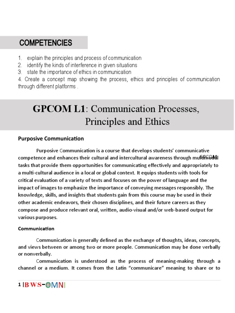 GPCOM L1: Communication Processes,: Principles and Ethics | PDF | Communication | Nonverbal ...