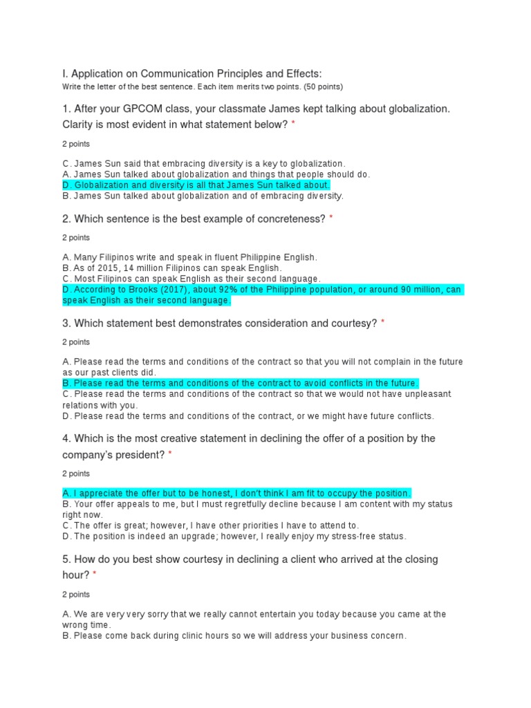 Write The Letter of The Best Sentence. Each Item Merits Two Points. (50 ...