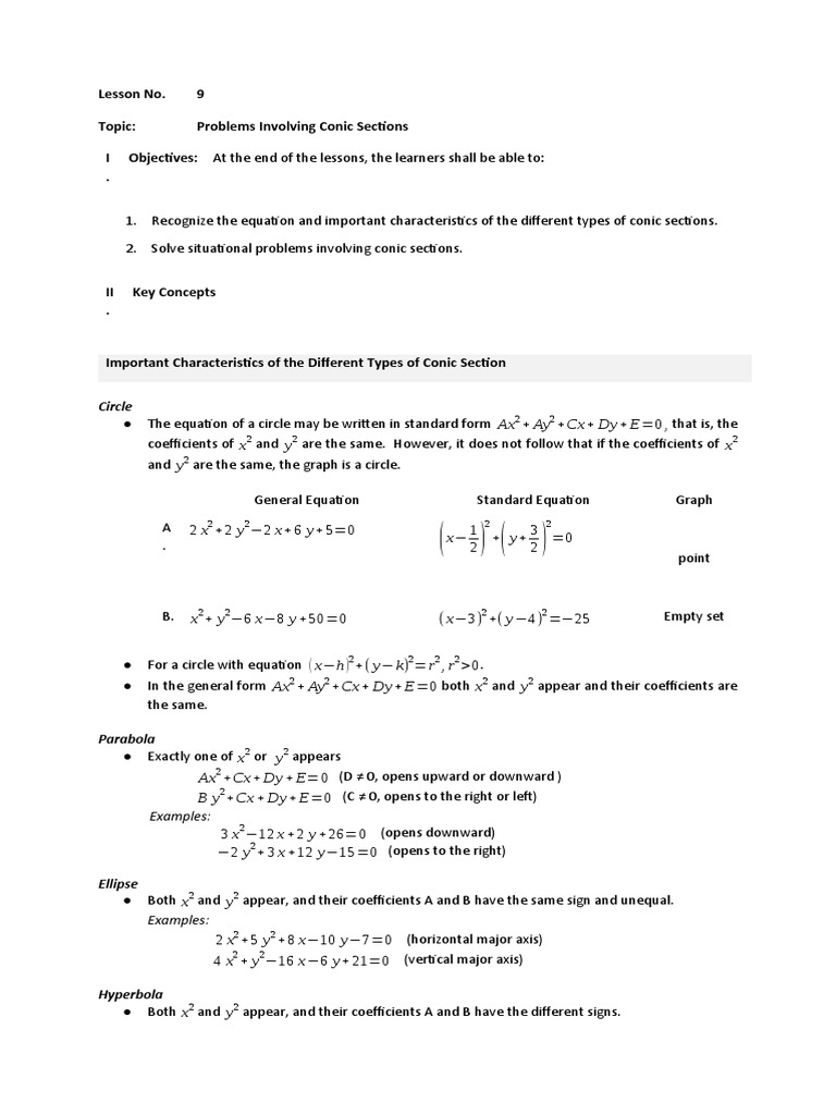 Lesson 9 - PROBLEMS INVOLVING CONIC SECTIONS | PDF | Geometry | Algebraic Geometry