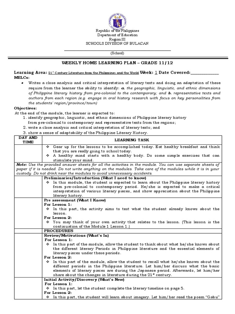 Weekly Home Learning Plan - Grade 11/12 Learning Area: Week: 1 Date ...