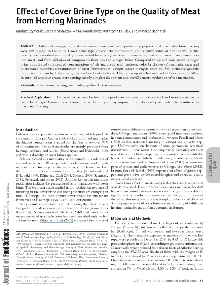 Effect of Cover Brine Type On The Qualit | PDF | Marination | Meat