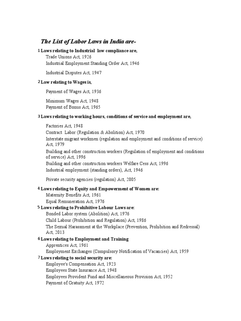 List of Labour Laws in India | Download Free PDF | Labour Law | Employment