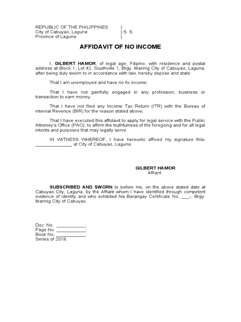 Affidavit of No Income BIR For PAO Case | PDF